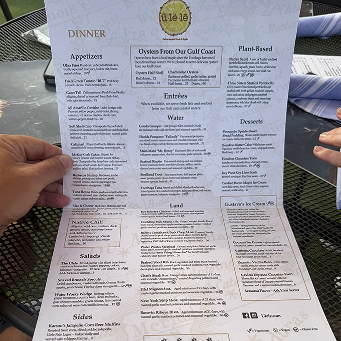 Ulele's menu reads like a love letter to Florida's culinary heritage, featuring Gulf oysters, native-inspired dishes, and locally-sourced ingredients.
