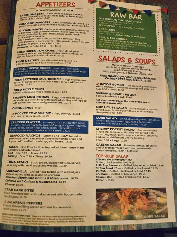 A seafood lover's dream sheet &ndash; from Pocket Pow Shrimp to Bayou Gumbo, each item promises a flavor adventure worth the drive.