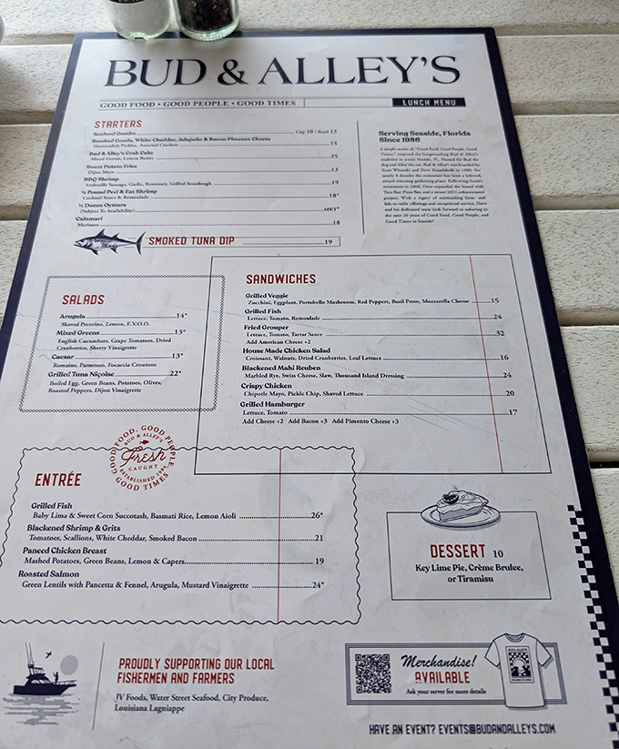 Menu: A single page that might as well be a love poem to the Gulf &ndash; seafood treasures and coastal classics await your selection.