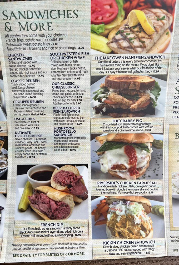 The menu reads like a love letter to seafood lovers, with options from classic fish sandwiches to creative surf-and-turf combinations.