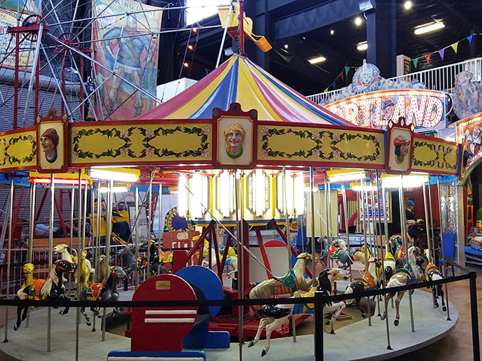 This vintage carousel, with its hand-carved horses and vibrant canopy, once delighted children across America during the golden age of traveling carnivals.
