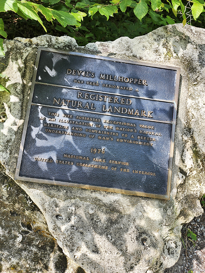 Officially recognized greatness! This 1976 plaque confirms what visitors already know—Devil's Millhopper isn't just cool, it's National Natural Landmark cool.