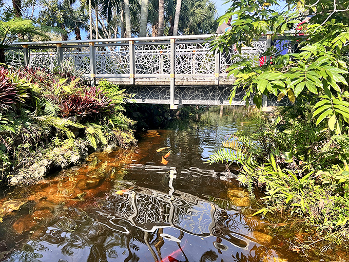 Reflections dance across this tranquil pond where ornamental fish play hide-and-seek among lily pads and aquatic plants.