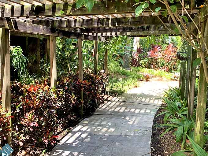 Dappled sunlight plays through wooden slats, creating a dance of shadows on this peaceful garden path flanked by lush foliage.