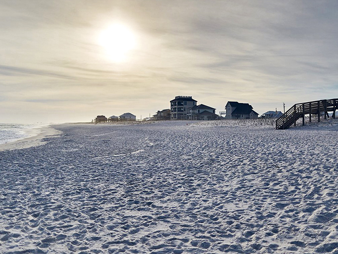Paradise found! Golden hour glows over the pristine white sands and charming beach houses of beautiful Navarre.