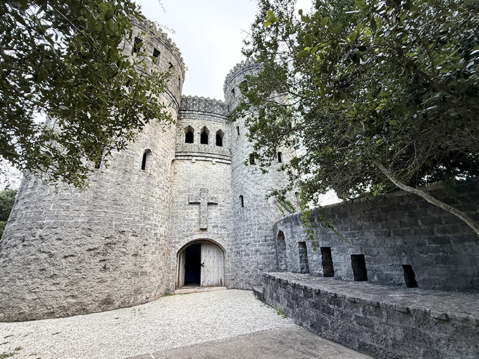 The imposing entrance to Castle Otttis features massive stone walls and rounded turrets, creating an atmosphere of mystery and ancient spirituality.