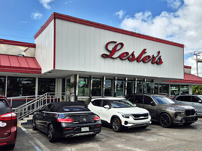The distinctive Lester's sign promises classic diner fare 24/7, a beacon for hungry patrons any time day or night.