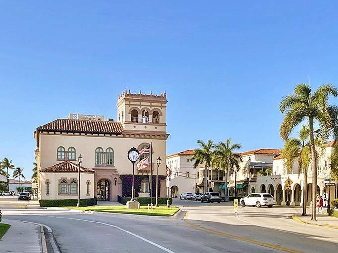 Worth Avenue in Palm Beach offers luxury shopping experiences with beautiful Mediterranean-style buildings housing high-end antique stores.