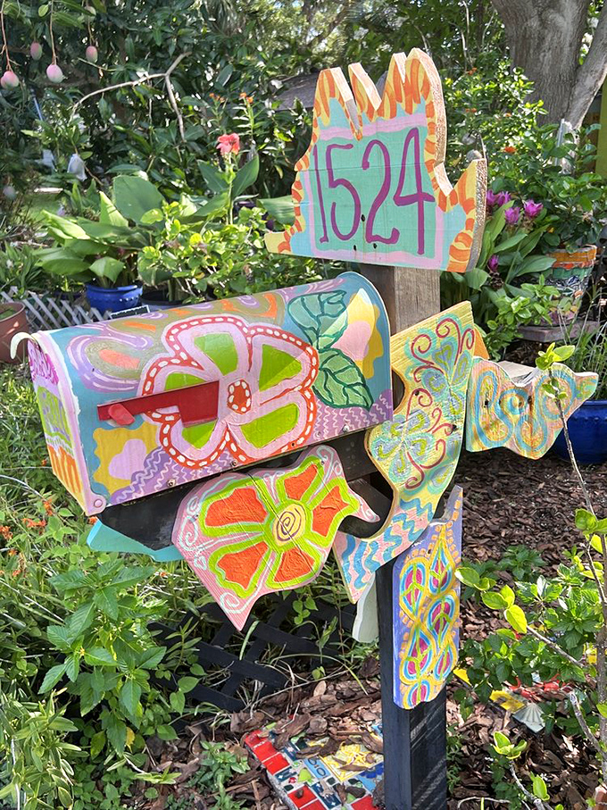 Even the mailbox refuses to be ordinary, sporting a floral design that makes the daily bills seem less threatening. Almost.