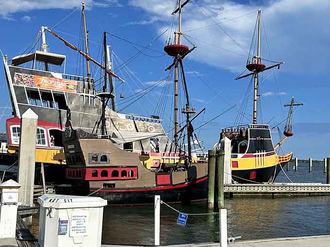 Multiple pirate ships docked together create a scene straight out of the Caribbean's golden age, minus the actual pillaging and plundering.