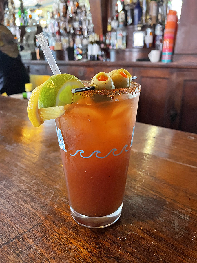 This isn't your average Bloody Mary &ndash; it's a spicy masterpiece garnished with olives and celery that doubles as an impromptu appetizer.