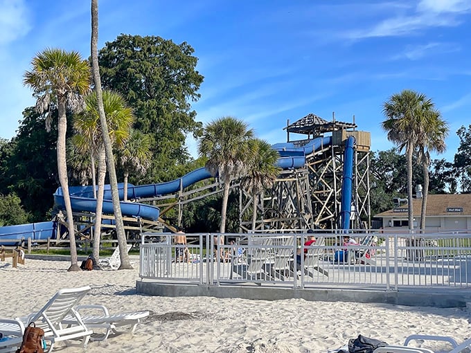 Buccaneer Bay's water slide offers thrilling plunges into natural spring waters &ndash; theme park excitement meets wilderness refreshment.