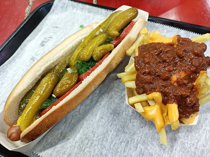 This Chicago Dog arrives dressed to impress &ndash; yellow mustard, bright relish, and all the fixings that transport you straight to the Windy City.