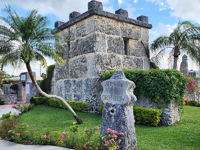 The admission drop box built into the coral wall shows Ed thought of everything, creating a payment system more permanent than most modern buildings.
