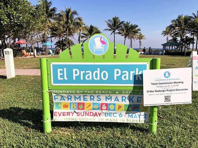 The El Prado Park sign stands proud against blue skies, basically saying "Yes, you've found the right place, now go enjoy yourself already."