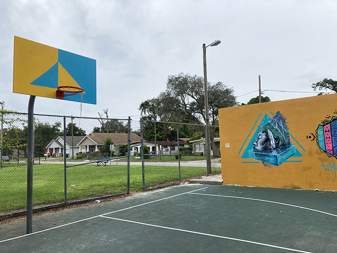 Elizabeth Park's colorful basketball court and vibrant murals showcase Eatonville's commitment to both recreation and artistic expression.