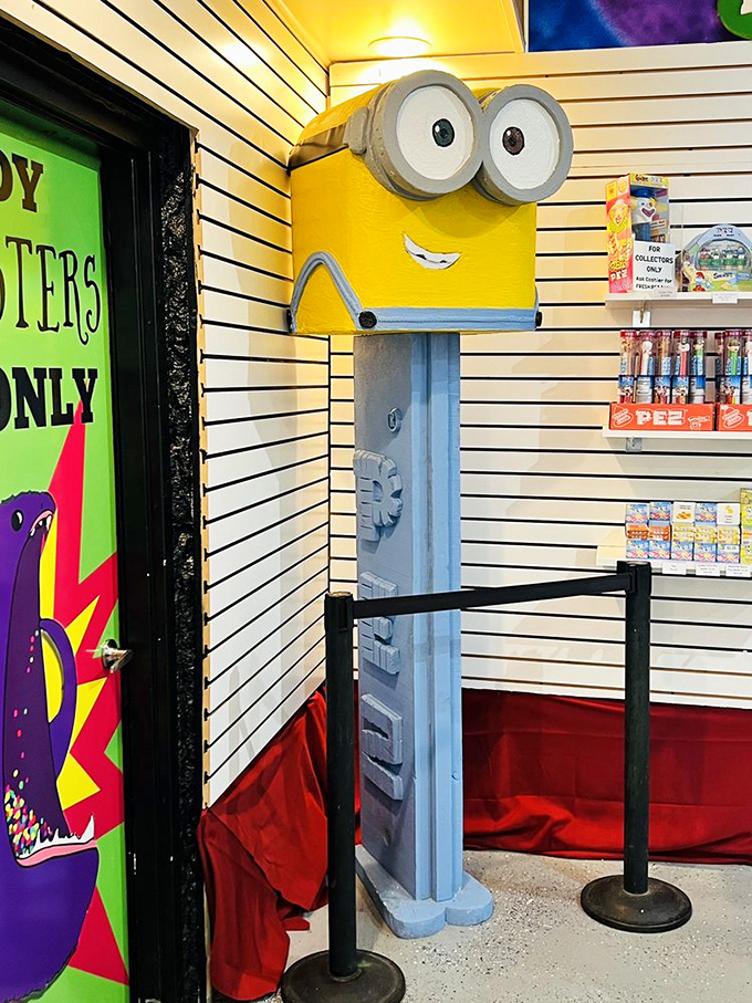 This human-sized PEZ dispenser isn't just decoration—it's a statement of intent about the level of whimsy you're about to experience.