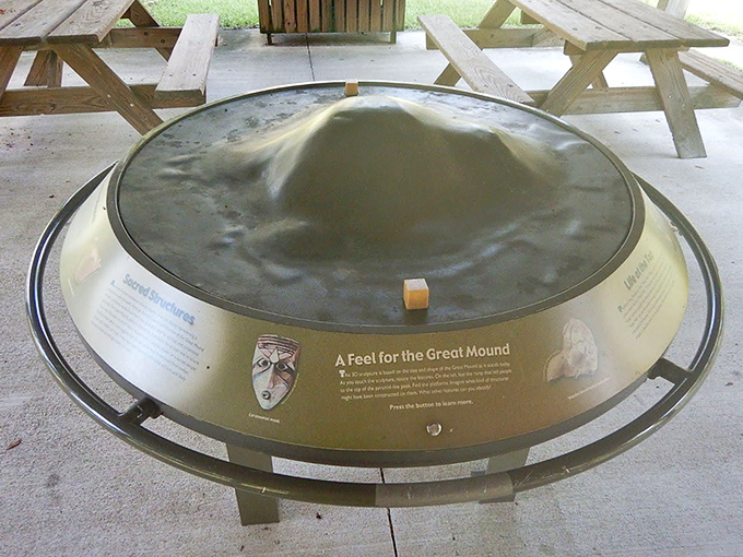 Interactive exhibit: This tactile model invites curious fingers to explore the mound's impressive dimensions&mdash;ancient architecture made accessible to modern visitors.
