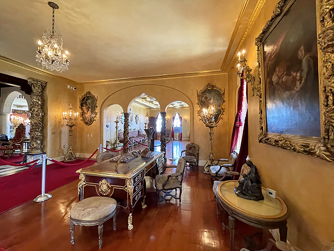 Inside Ca' d'Zan, even the furniture looks like it's showing off. This room has seen more glamour than most red carpets.