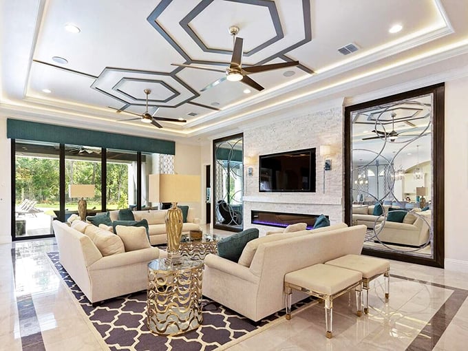 Sink into plush sectionals beneath a geometric ceiling that draws eyes upward like the best animated sequences in your favorite films.