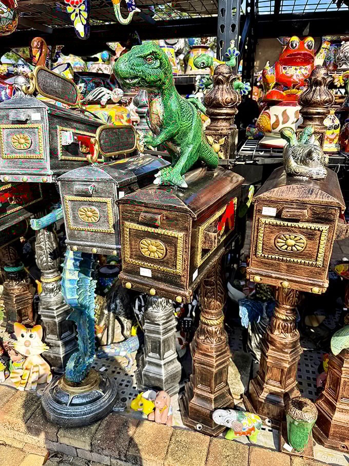 "You've got mail!" takes on new meaning with these mailboxes. The T-Rex probably eats bills and spits out the good stuff.