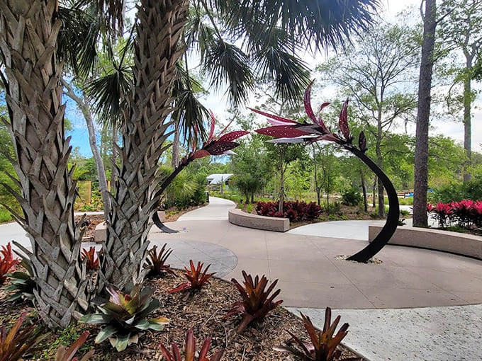 Sculptural elements throughout the garden catch the eye and spark imagination, turning a simple walk into an artistic treasure hunt for observant visitors.