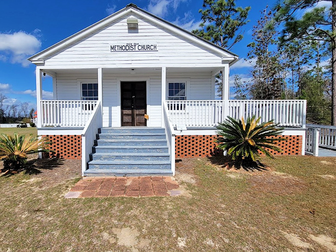 The white clapboard Methodist Church gleams in the Florida sunshine, its simple beauty a reminder of faith's central role in pioneer communities.