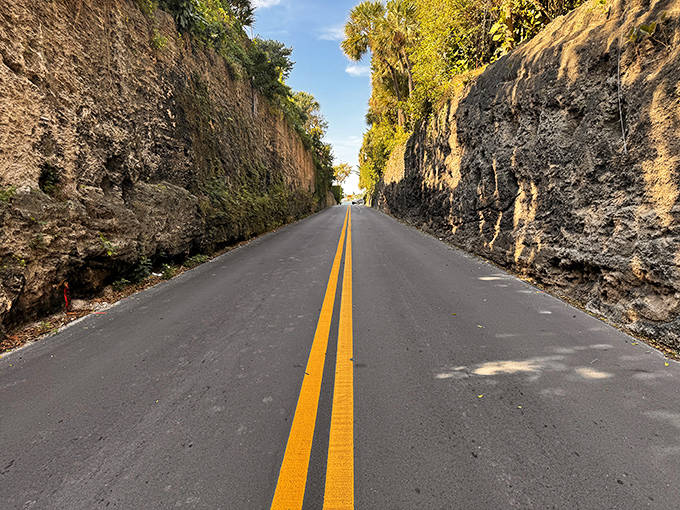 Sunlight creates a natural spotlight at the end of this narrow passage, promising adventure for those brave enough to explore.