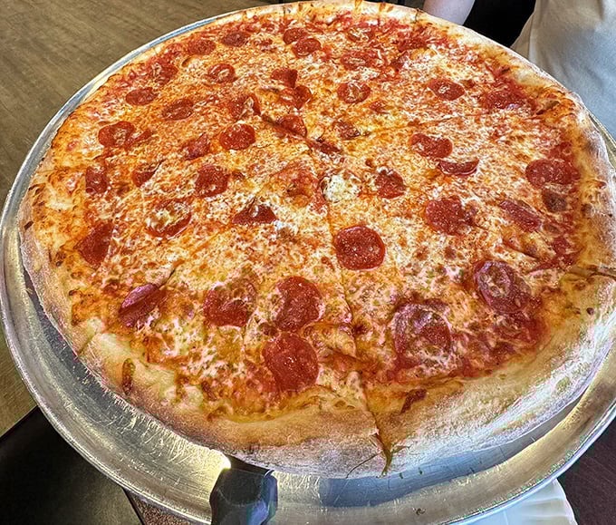 This pepperoni pizza showcases Sky's perfect New York-style crust &ndash; thin yet substantial with just the right amount of chew.