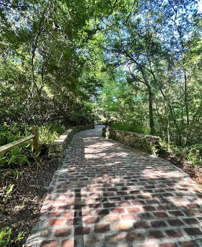 This charming brick pathway winds through the gardens like a scene from a storybook, proving that sometimes the journey really is as beautiful as the destination, especially when it's this well-maintained.