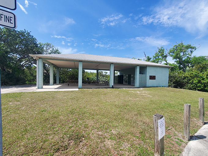 The simple pavilion serves as gateway to extraordinary experiences, where visitors gather before venturing into one of Florida's most magical natural attractions.
