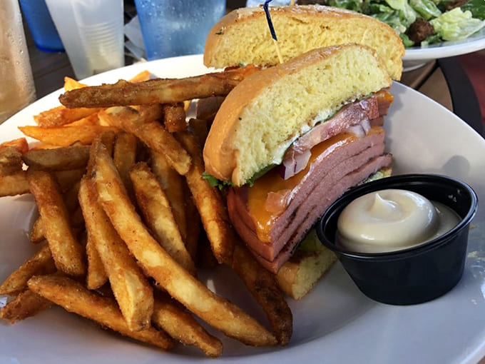 Behold the fried bologna sandwich in all its crispy-edged glory, flanked by golden fries that could make a nutritionist weep.