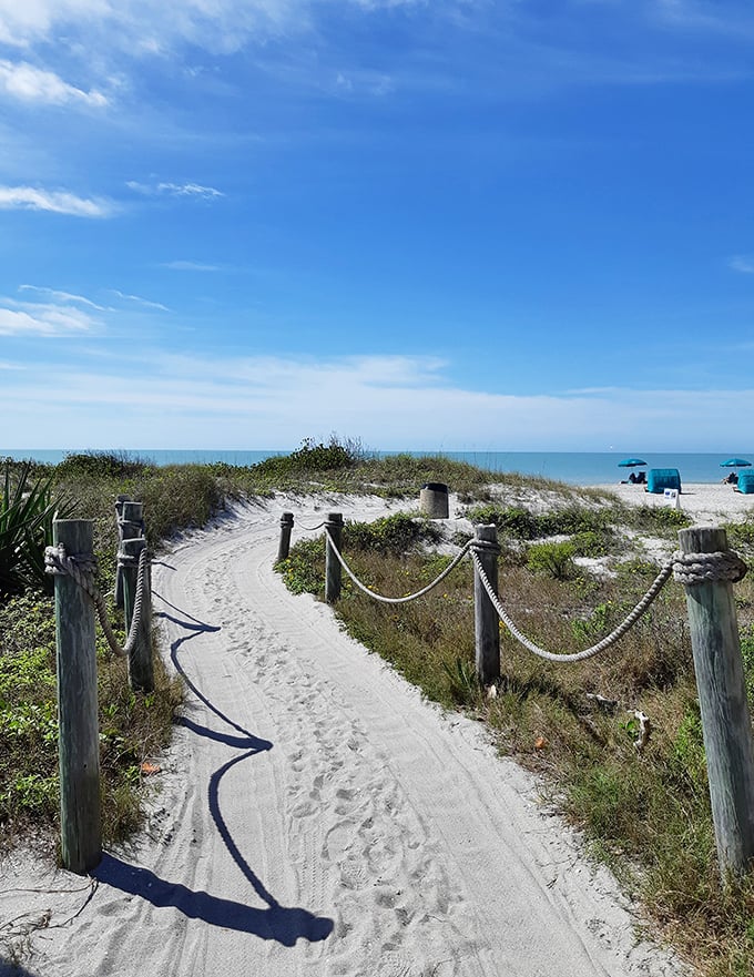 Sandy pathways beckon like whispered promises, leading beach-goers through sea oats and dunes to their own slice of shoreline heaven.