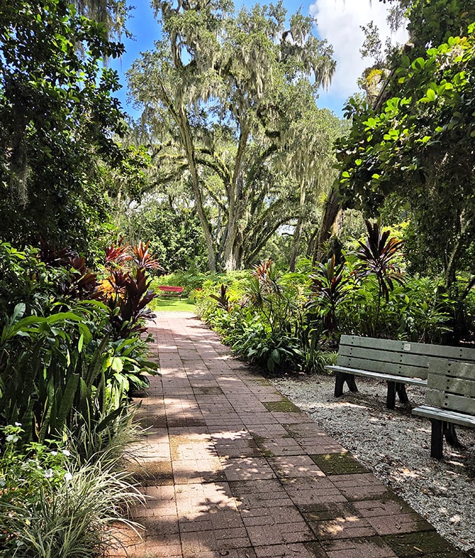 The brick pathway winds through dappled sunlight and Spanish moss like a scene from a Southern Gothic novel, minus the drama and plus a lot more gnomes than Faulkner ever imagined.