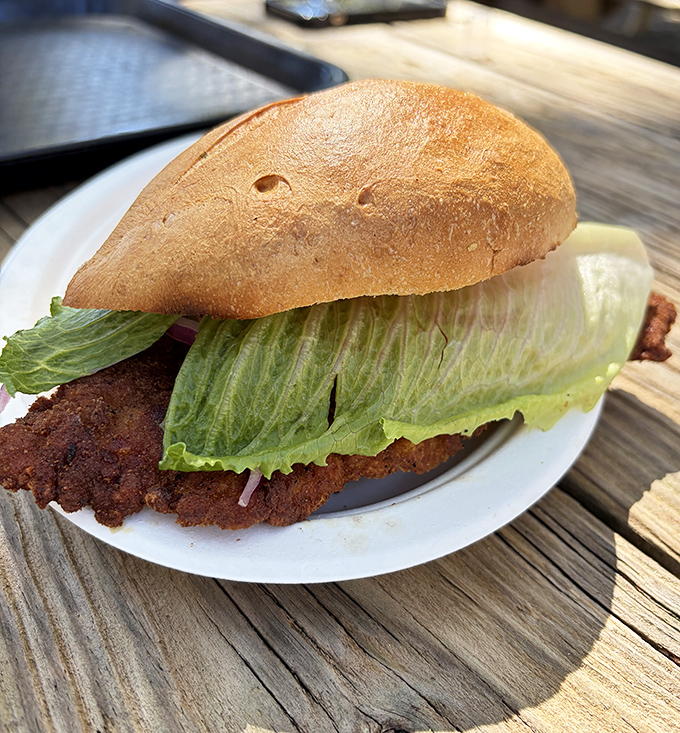 Behold the star of the show: a golden, crispy schnitzel sandwich that's so perfectly fried, it practically glistens in the sunlight like edible treasure.