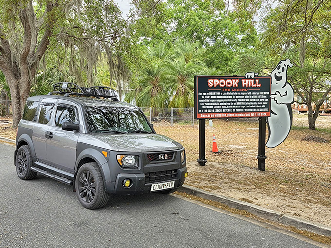 The legend comes to life at this informative sign, complete with friendly ghost illustration &ndash; park on the white line and prepare for amazement!