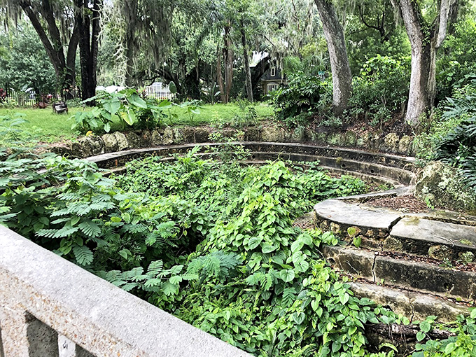 Nature reclaims the sunken garden terrace, where concrete meets wilderness in a strangely beautiful dance of abandonment and rebirth.