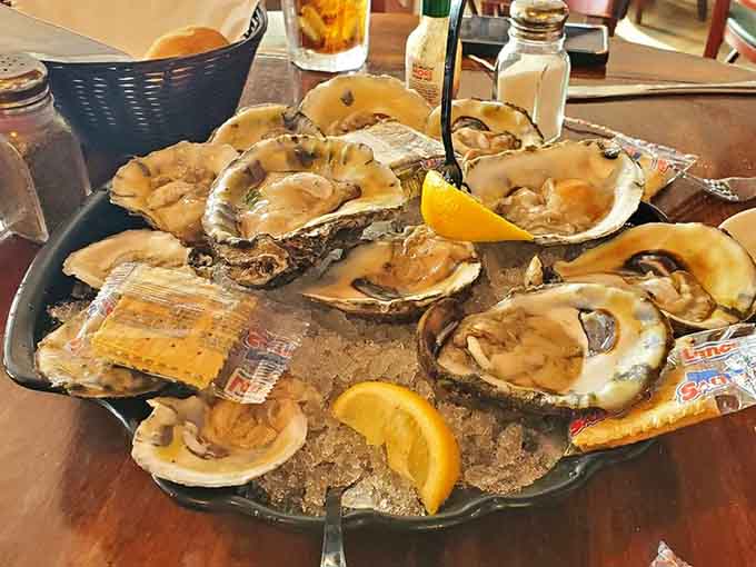 Oysters on ice arrive looking like the ocean's jewelry box opened up, briny and fresh with lemon wedges standing at attention.