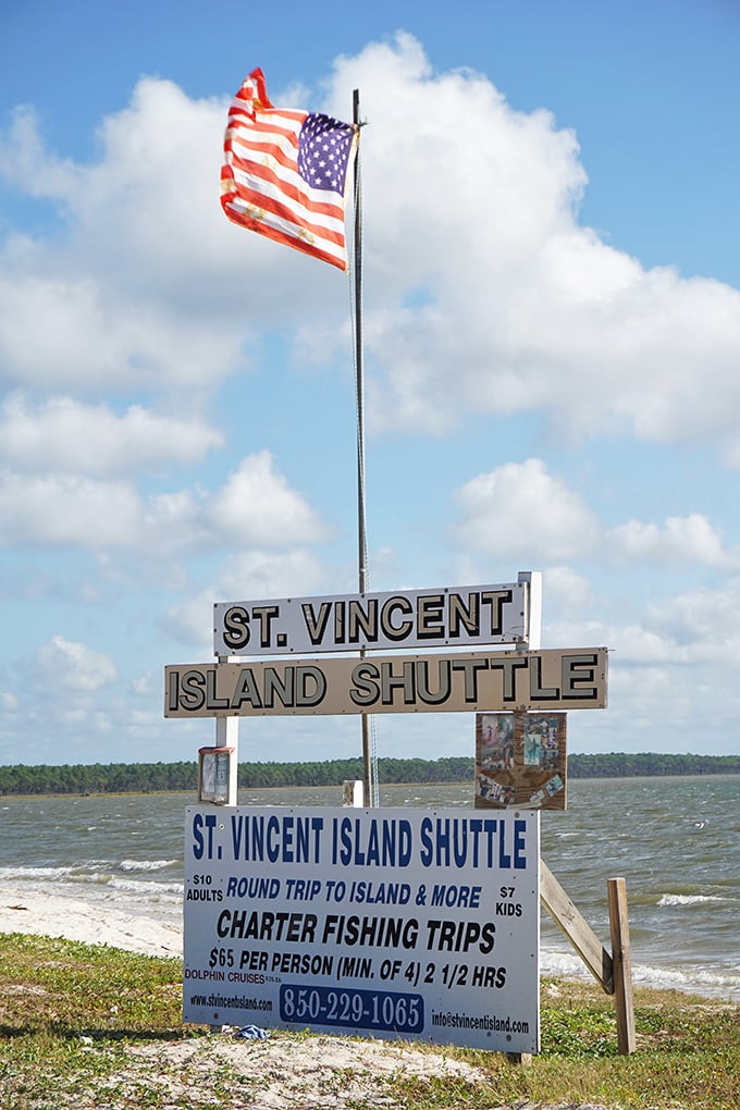 The St. Vincent Island Shuttle sign flutters in Gulf breezes, promising adventure just a short boat ride away.