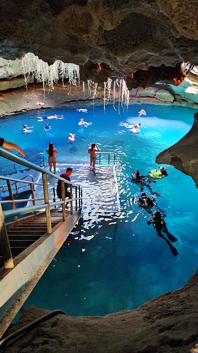 Swimmers float in geological history, surrounded by limestone walls that were ancient when dinosaurs were just a twinkle in evolution's eye.