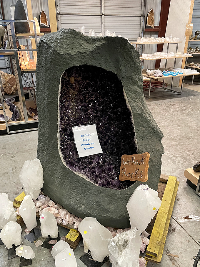 This amethyst geode cave isn't just a rock &ndash; it's nature's art gallery, complete with a polite reminder not to climb inside!