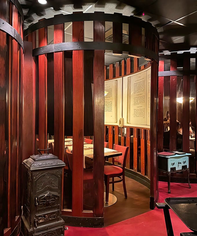 Step into one of Bern's intimate wooden dessert booths, where wine barrels have been transformed into cocoons of confectionery bliss.