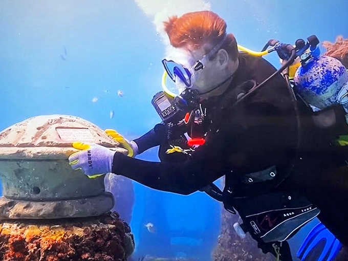 A diver examines memorial plaques with gentle reverence, where human stories and marine life intertwine in this underwater sanctuary.