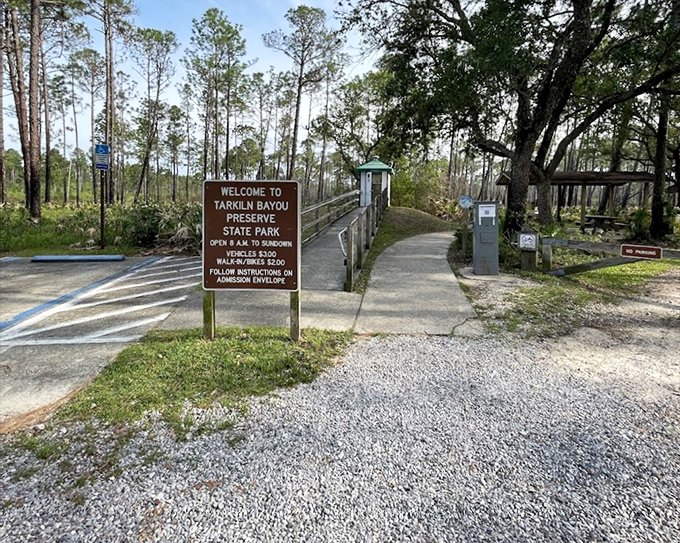 The unassuming entrance to Tarkiln Bayou &ndash; where Florida's wild side patiently waits beyond that humble brown sign.