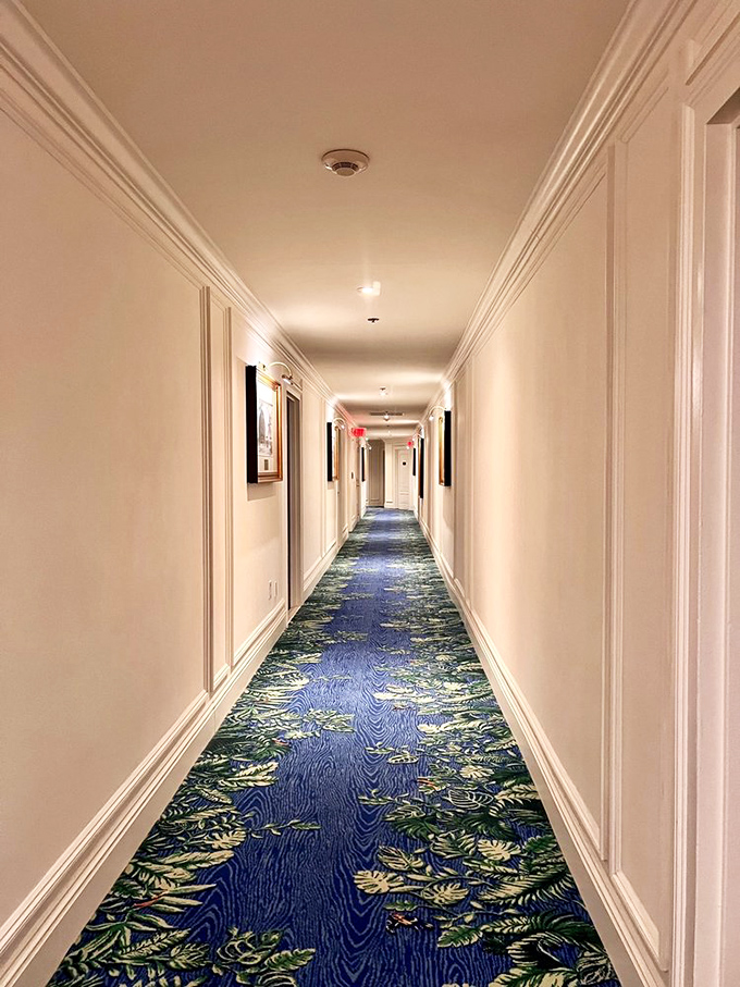 Not your average hotel hallway &ndash; this carpet looks like someone spilled the entire Florida Everglades and decided it was an improvement.