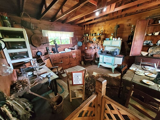 The pioneer kitchen, where meals took hours not minutes, features cast iron cookware that could outlast any modern non-stick pan.