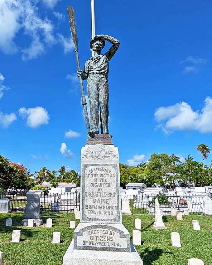 A bronze sailor stands eternal watch, commemorating those lost when the USS Maine exploded in Havana Harbor in 1898.