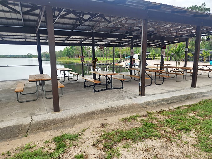 Lakeside picnic tables offer a peaceful respite after adrenaline-pumping adventures, perfect for swapping tales of off-road glory.