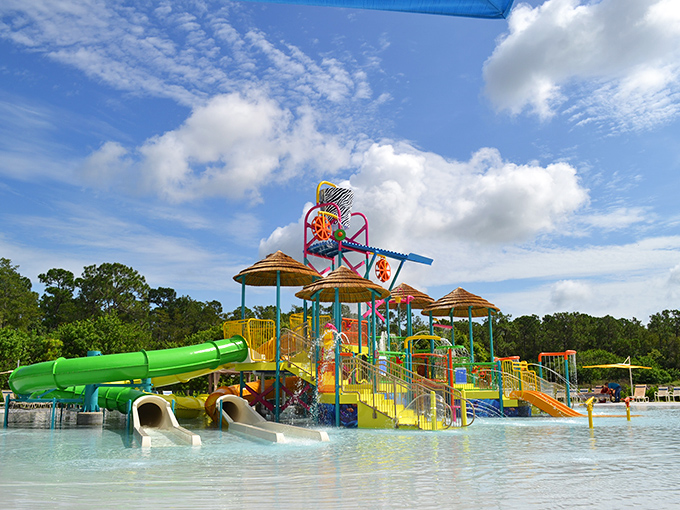 Safari Splash water park offers a colorful oasis where little explorers can cool off after a wild adventure through the animal kingdom.