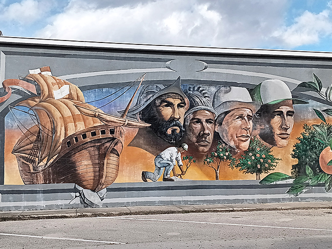 Florida's rich cultural heritage unfolds in this maritime mural featuring explorers, ships, and the state's agricultural bounty.